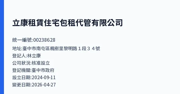 立康租賃住宅包租代管有限公司的照片-統編 00238628(臺中市) 公司登記資料與營業項目詳細圖表