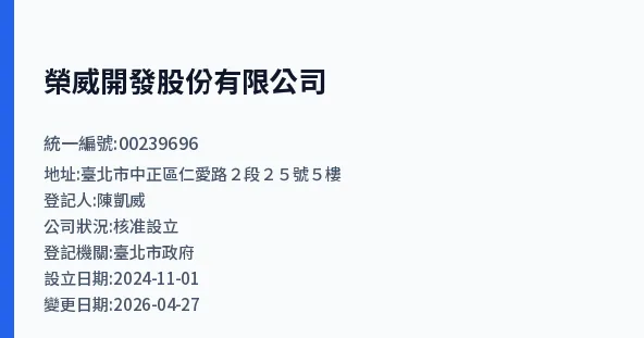 榮威開發股份有限公司的照片-統編 00239696(臺北市) 公司登記資料與營業項目詳細圖表