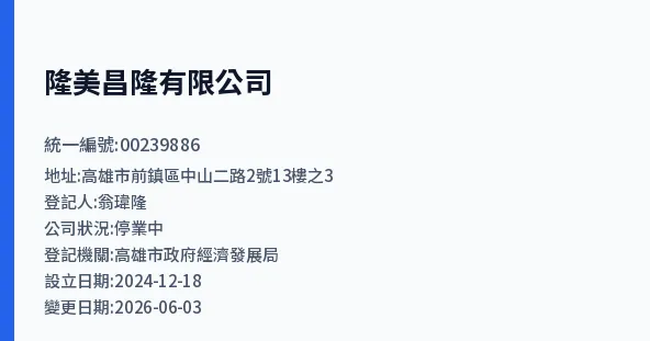 隆美昌隆有限公司的照片-統編 00239886(高雄市) 公司登記資料與營業項目詳細圖表