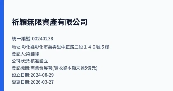 祈穎無限資產有限公司的照片-統編 00240238(彰化縣) 公司登記資料與營業項目詳細圖表