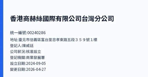 香港商赫絲國際有限公司台灣分公司的照片-統編 00240286(臺北市) 公司登記資料與營業項目詳細圖表