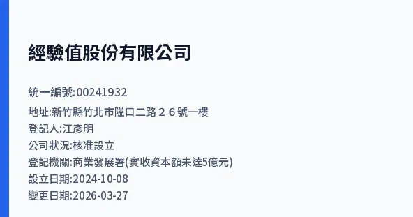 經驗值股份有限公司的照片-統編 00241932(新竹縣) 公司登記資料與營業項目詳細圖表