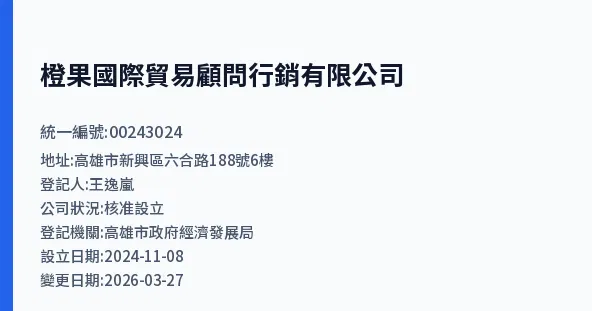 橙果國際貿易顧問行銷有限公司的照片-統編 00243024(高雄市) 公司登記資料與營業項目詳細圖表