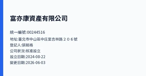 富亦康資產有限公司的照片-統編 00244516(臺北市) 公司登記資料與營業項目詳細圖表