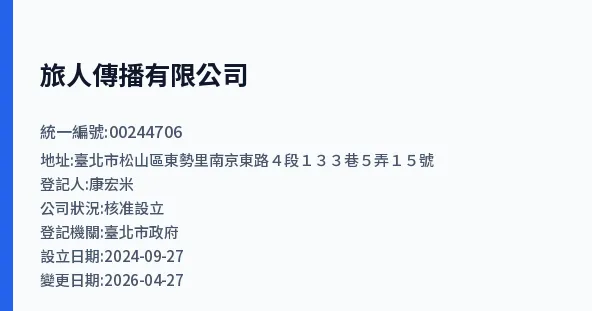 旅人傳播有限公司的照片-統編 00244706(臺北市) 公司登記資料與營業項目詳細圖表