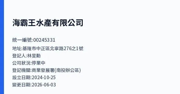 海霸王水產有限公司的照片-統編 00245331(基隆市) 公司登記資料與營業項目詳細圖表