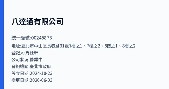 八達通有限公司的照片-統編 00245873(臺北市) 公司登記資料與營業項目詳細圖表