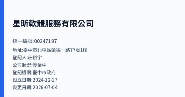 星昕軟體服務有限公司的照片-統編 00247197(臺中市) 公司登記資料與營業項目詳細圖表