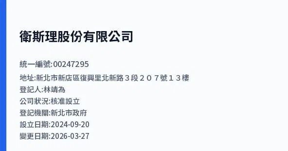 衛斯理股份有限公司的照片-統編 00247295(新北市) 公司登記資料與營業項目詳細圖表