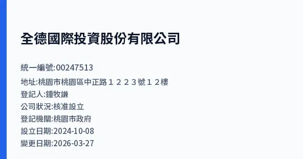 全德國際投資股份有限公司的照片-統編 00247513(桃園市) 公司登記資料與營業項目詳細圖表