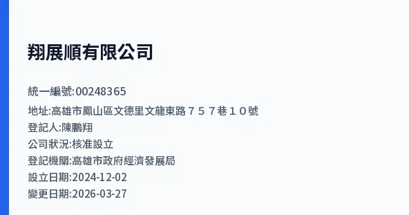 翔展順有限公司的照片-統編 00248365(高雄市) 公司登記資料與營業項目詳細圖表
