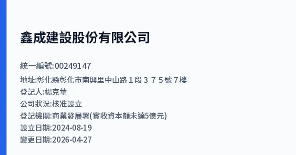 鑫成建設股份有限公司的照片-統編 00249147(彰化縣) 公司登記資料與營業項目詳細圖表