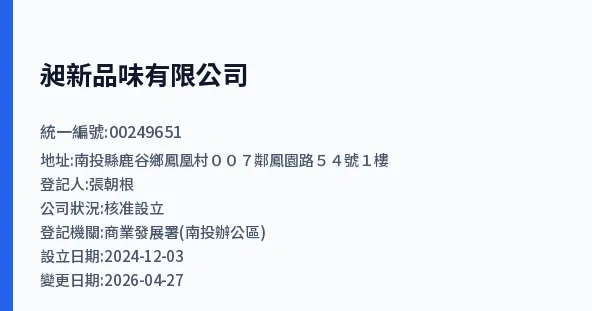 昶新品味有限公司的照片-統編 00249651(南投縣) 公司登記資料與營業項目詳細圖表