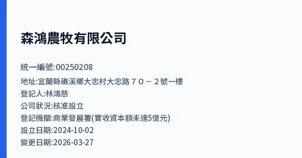 森鴻農牧有限公司的照片-統編 00250208(宜蘭縣) 公司登記資料與營業項目詳細圖表
