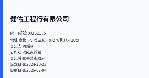 健佑工程行有限公司的照片-統編 00252135(臺北市) 公司登記資料與營業項目詳細圖表