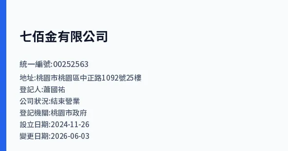 七佰金有限公司的照片-統編 00252563(桃園市) 公司登記資料與營業項目詳細圖表
