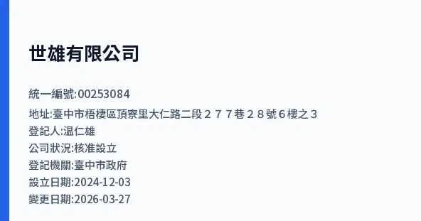 世雄有限公司的照片-統編 00253084(臺中市) 公司登記資料與營業項目詳細圖表