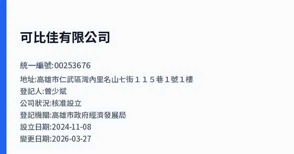 可比佳有限公司的照片-統編 00253676(高雄市) 公司登記資料與營業項目詳細圖表