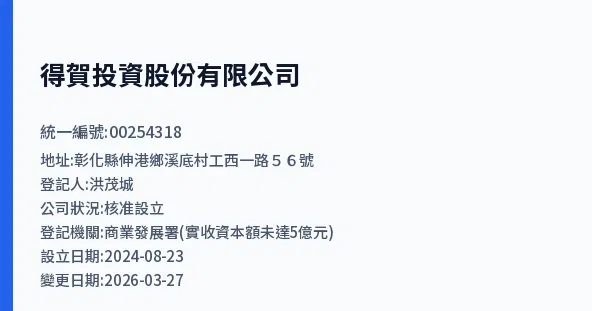 得賀投資股份有限公司的照片-統編 00254318(彰化縣) 公司登記資料與營業項目詳細圖表