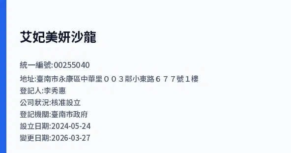 艾妃美妍沙龍的照片-統編 00255040(臺南市) 公司登記資料與營業項目詳細圖表