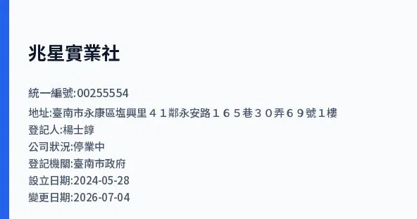 兆星實業社的照片-統編 00255554(臺南市) 公司登記資料與營業項目詳細圖表