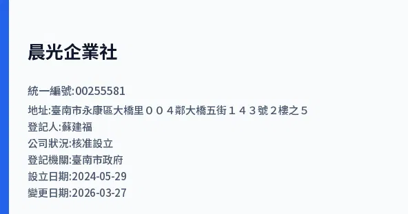 晨光企業社的照片-統編 00255581(臺南市) 公司登記資料與營業項目詳細圖表
