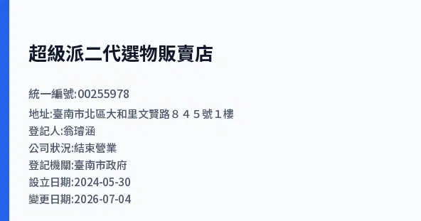 超級派二代選物販賣店的照片-統編 00255978(臺南市) 公司登記資料與營業項目詳細圖表