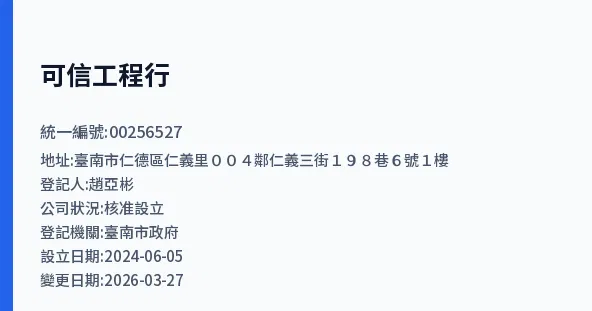 可信工程行的照片-統編 00256527(臺南市) 公司登記資料與營業項目詳細圖表