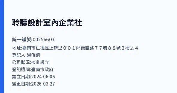 聆聽設計室內企業社的照片-統編 00256603(臺南市) 公司登記資料與營業項目詳細圖表