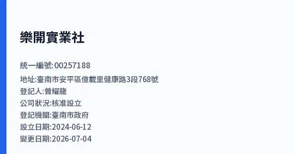 樂開實業社的照片-統編 00257188(臺南市) 公司登記資料與營業項目詳細圖表