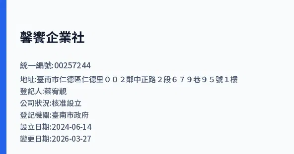 馨饗企業社的照片-統編 00257244(臺南市) 公司登記資料與營業項目詳細圖表