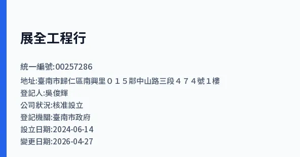 展全工程行的照片-統編 00257286(臺南市) 公司登記資料與營業項目詳細圖表
