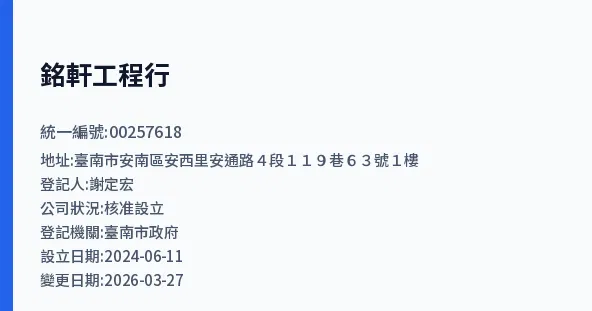 銘軒工程行的照片-統編 00257618(臺南市) 公司登記資料與營業項目詳細圖表
