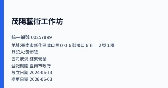 茂陽藝術工作坊的照片-統編 00257899(臺南市) 公司登記資料與營業項目詳細圖表