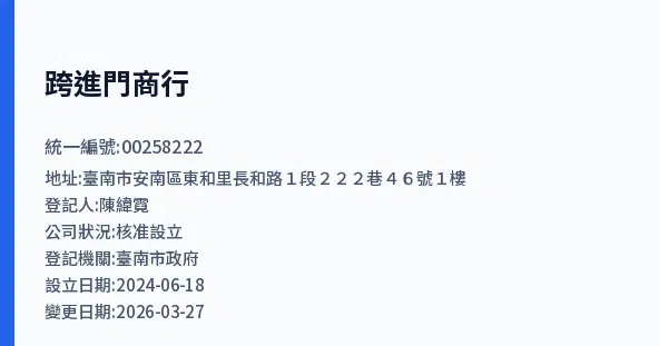 跨進門商行的照片-統編 00258222(臺南市) 公司登記資料與營業項目詳細圖表