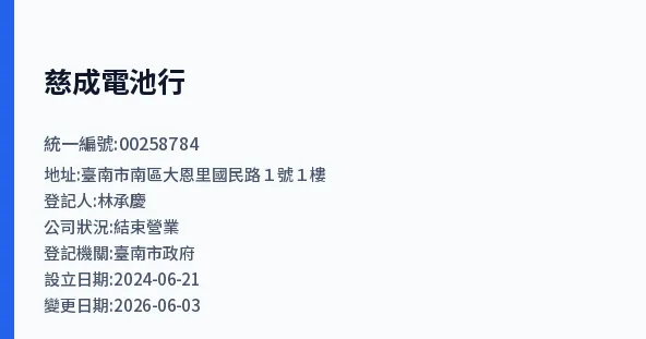 慈成電池行的照片-統編 00258784(臺南市) 公司登記資料與營業項目詳細圖表