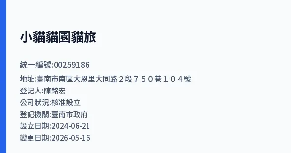 小貓貓園貓旅的照片-統編 00259186(臺南市) 公司登記資料與營業項目詳細圖表