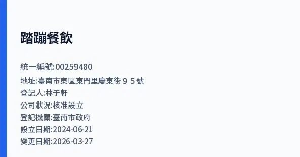踏蹦餐飲的照片-統編 00259480(臺南市) 公司登記資料與營業項目詳細圖表