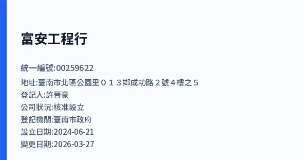 富安工程行的照片-統編 00259622(臺南市) 公司登記資料與營業項目詳細圖表