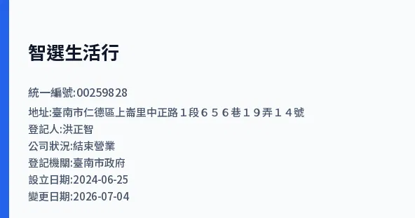 智選生活行的照片-統編 00259828(臺南市) 公司登記資料與營業項目詳細圖表