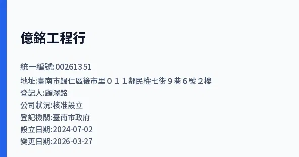 億銘工程行的照片-統編 00261351(臺南市) 公司登記資料與營業項目詳細圖表