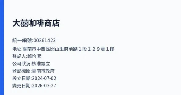 大囍咖啡商店的照片-統編 00261423(臺南市) 公司登記資料與營業項目詳細圖表