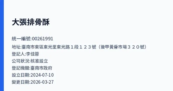 大張排骨酥的照片-統編 00261991(臺南市) 公司登記資料與營業項目詳細圖表