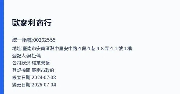 歐麥利商行的照片-統編 00262555(臺南市) 公司登記資料與營業項目詳細圖表
