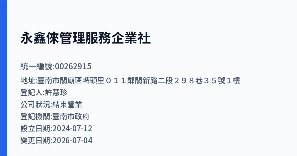 永鑫倈管理服務企業社的照片-統編 00262915(臺南市) 公司登記資料與營業項目詳細圖表