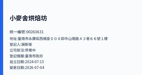 小麥舍烘焙坊的照片-統編 00263631(臺南市) 公司登記資料與營業項目詳細圖表
