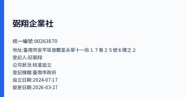 弼翔企業社的照片-統編 00263870(臺南市) 公司登記資料與營業項目詳細圖表
