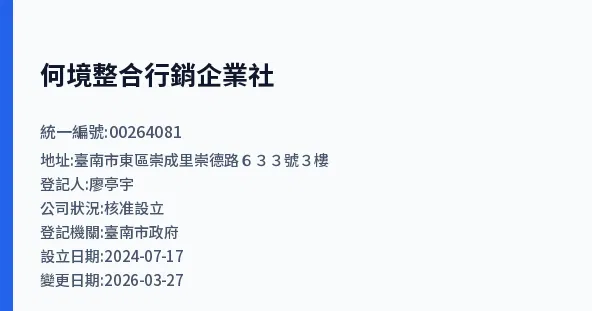 何境整合行銷企業社的照片-統編 00264081(臺南市) 公司登記資料與營業項目詳細圖表