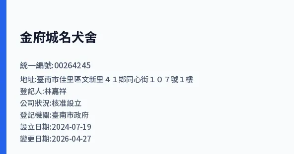 金府城名犬舍的照片-統編 00264245(臺南市) 公司登記資料與營業項目詳細圖表