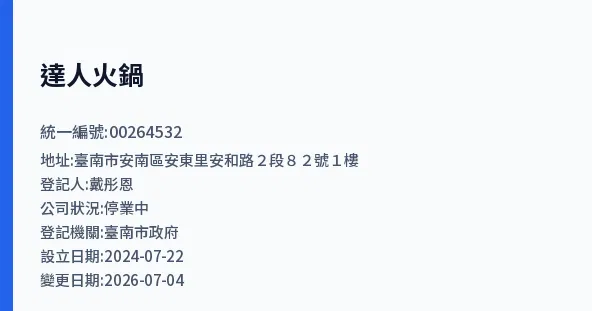 達人火鍋的照片-統編 00264532(臺南市) 公司登記資料與營業項目詳細圖表